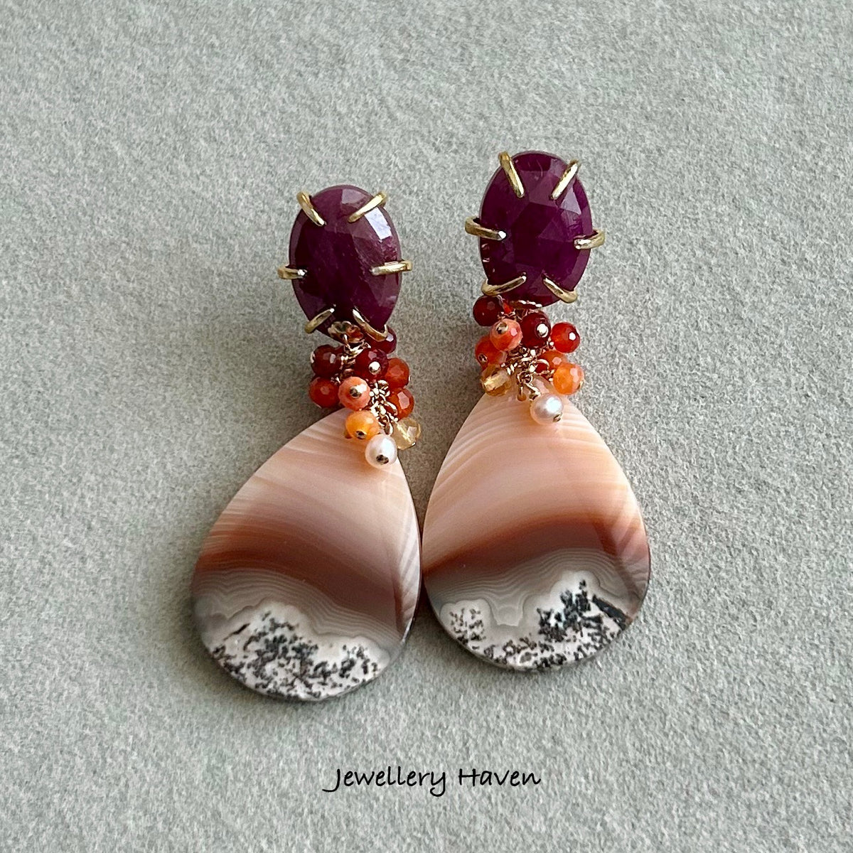 Banded agate and ruby stud earrings – Jewellery Haven Singapore